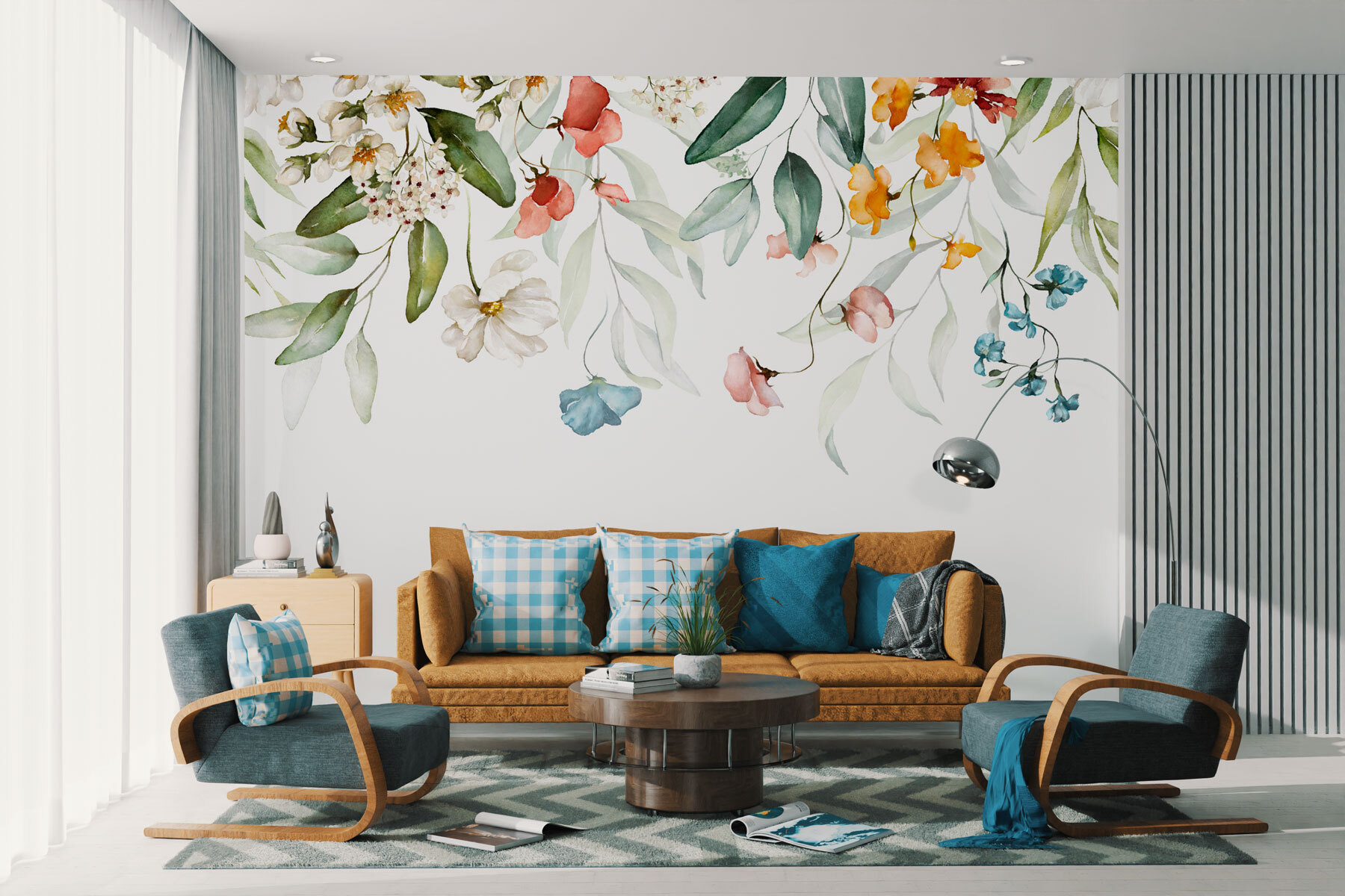 Wall mural Flowers and leaves on white background | Uwalls.com
